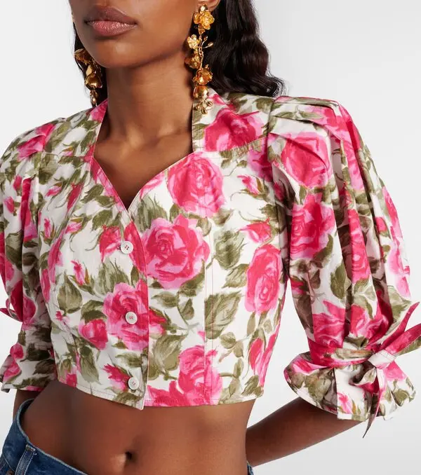Chloé Floral Cropped Puff-sleeve Cotton Blouse - Pink