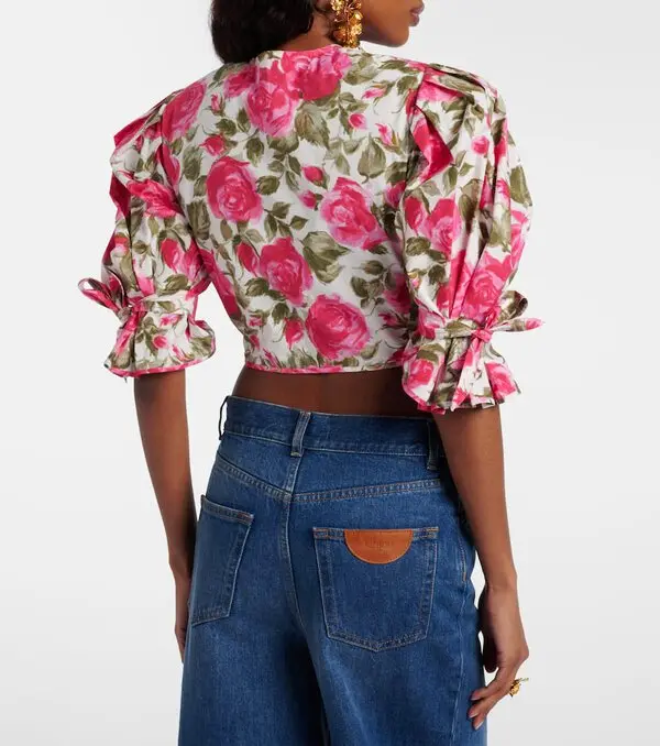 Chloé Floral Cropped Puff-sleeve Cotton Blouse - Pink
