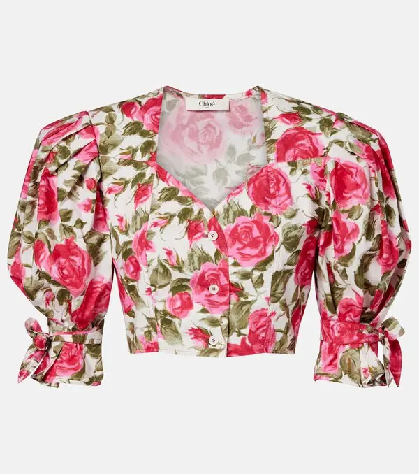 Chloé Floral Cropped Puff-sleeve Cotton Blouse - Pink