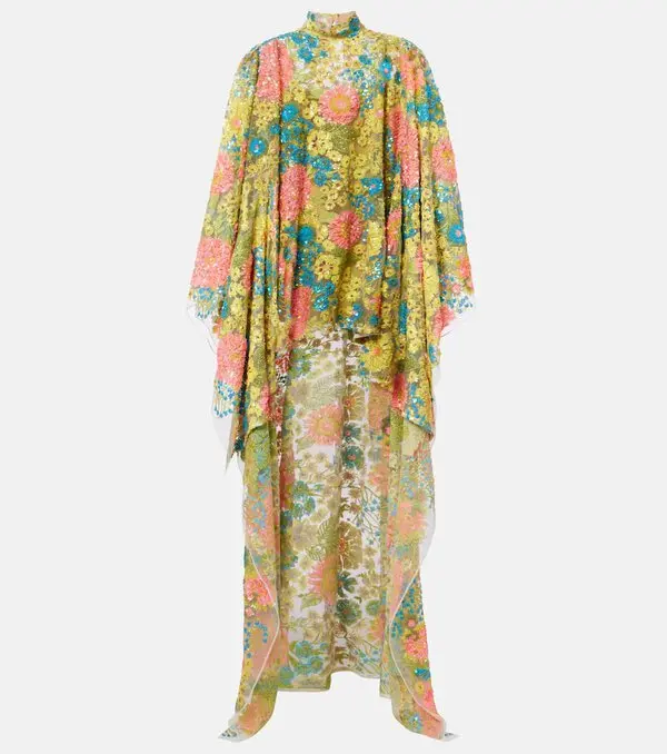 TALLER MARMO Graham Floral Sequined Asymmetric Kaftan - Multicoloured