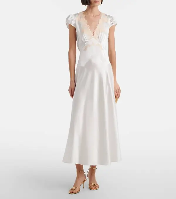 DEn Coraline Lace-Trimmed Silk Midi Dress - White | Editorialist