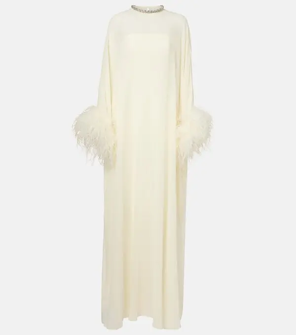 Roland Mouret Feather-trimmed Caped Silk Chiffon Gown - Yellow