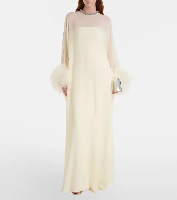 Roland Mouret Feather-trimmed Caped Silk Chiffon Gown