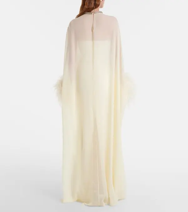 Roland Mouret Feather-trimmed Caped Silk Chiffon Gown