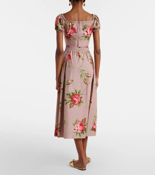 Dolce & Gabbana Floral Pleated Cotton Midi Skirt - Pink