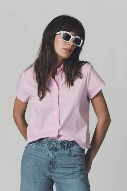 The Shirt By Rochelle Behrens Boxy Cropped Short Sleeve Shirt - Light Pink