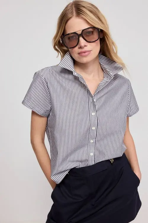 The Shirt By Rochelle Behrens Boxy Cropped Short Sleeve Shirt - Black Stripe
