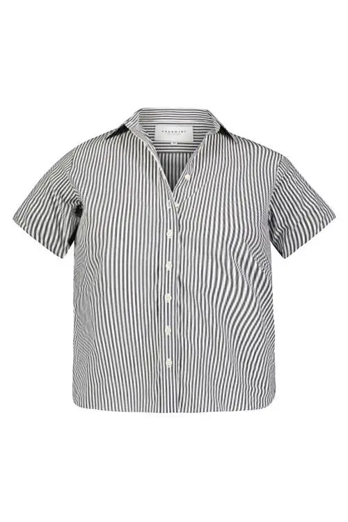 The Shirt By Rochelle Behrens Boxy Cropped Short Sleeve Shirt - Black Stripe