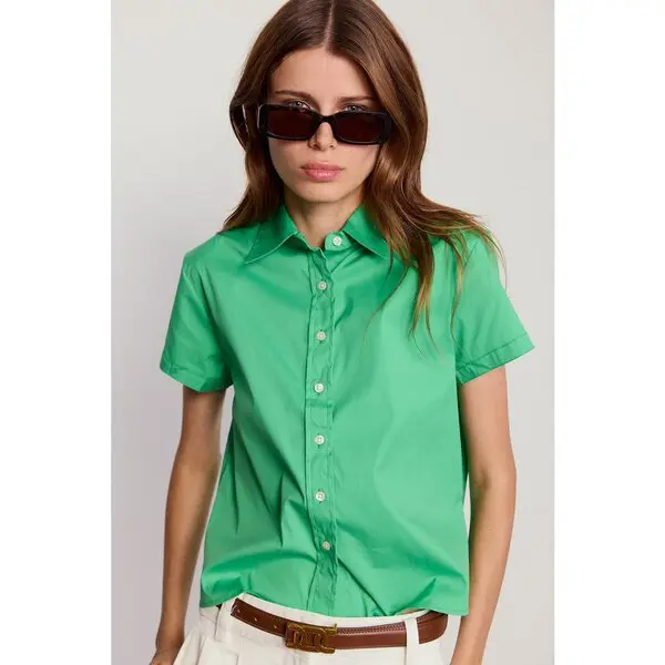 The Shirt By Rochelle Behrens Boxy Cropped Short Sleeve Shirt - Kelly Green