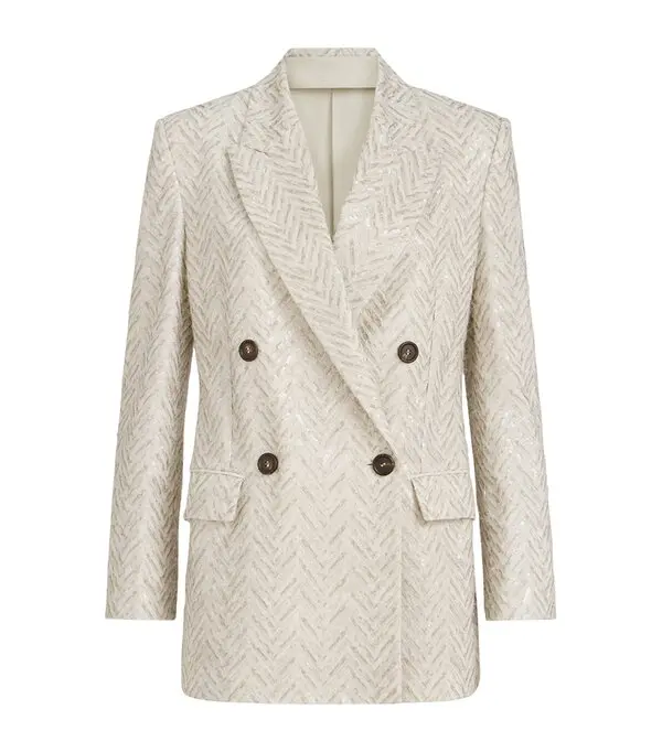 Brunello Cucinelli Linen Chevron Double-breasted Blazer - Beige