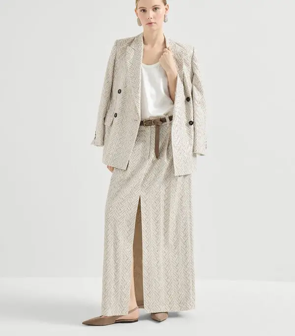 Brunello Cucinelli Linen Chevron Double-breasted Blazer - Beige