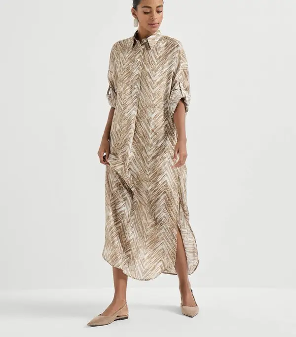 Brunello Cucinelli Silk Chevron Shirt Dress - Beige