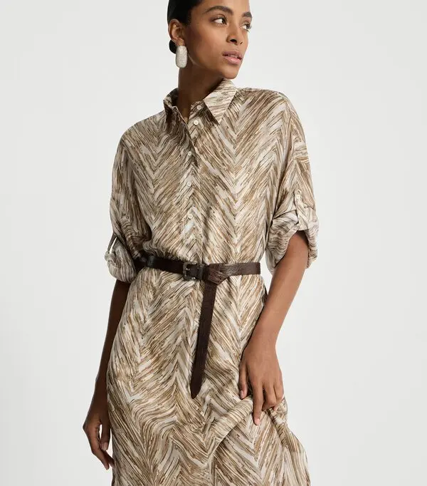 Brunello Cucinelli Silk Chevron Shirt Dress - Beige