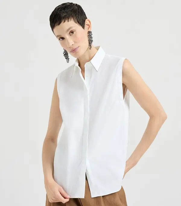 Brunello Cucinelli Stretch-cotton Poplin Sleeveless Shirt - White