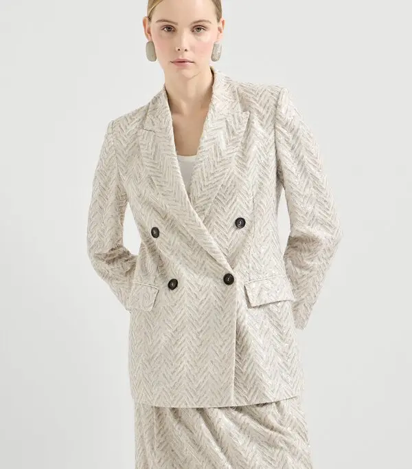 Brunello Cucinelli Linen Chevron Double-breasted Blazer