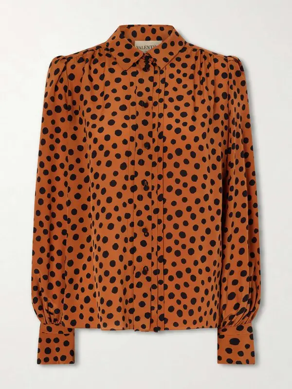 Valentino Garavani Gathered Polka-dot Silk Crepe De Chine Shirt - Leopard Print