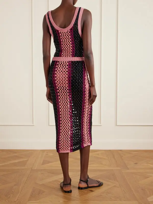 DIOTIMA Crystal-embellished Striped Crocheted Midi Skirt