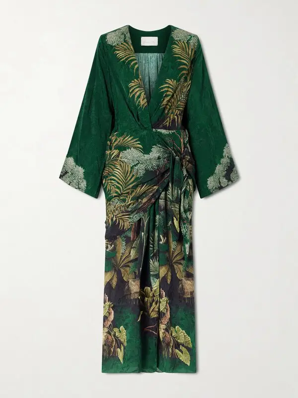 Johanna Ortiz Ollantay Printed Jacquard-satin Wrap Midi Dress - Green