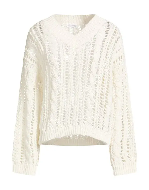 Brunello Cucinelli Jute, Cotton, Polyamide Open-knit V-neck Sweater - White