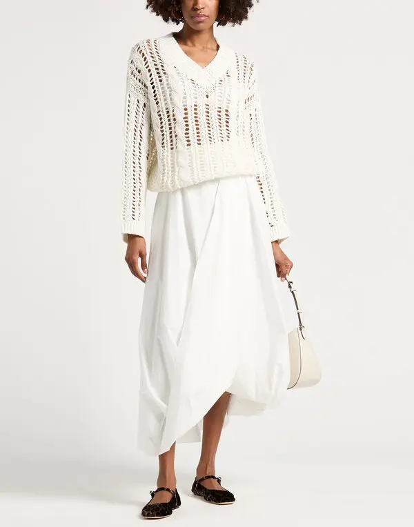 Brunello Cucinelli Jute, Cotton, Polyamide Open-knit V-neck Sweater - White
