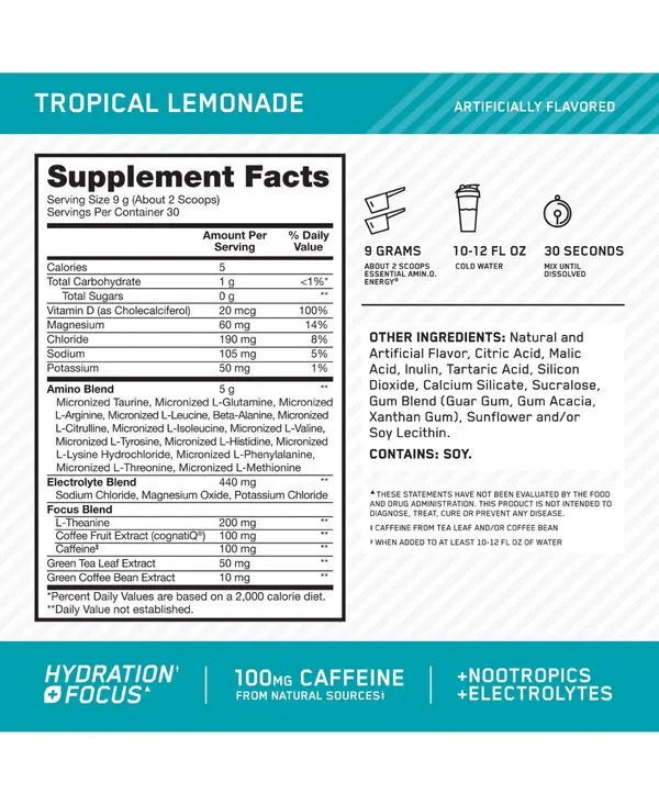 OPTIMUM NUTRITION Essential Amino Energy Hydration Plus Focus Powder