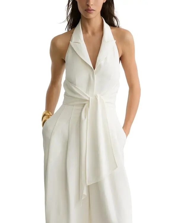 REISS Taya Halter Neck Jumpsuit With Front Tie Detail - Ivory