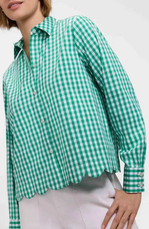 Foxcroft Scarlett Gingham Scallop Hem Button-up Shirt - Green/white