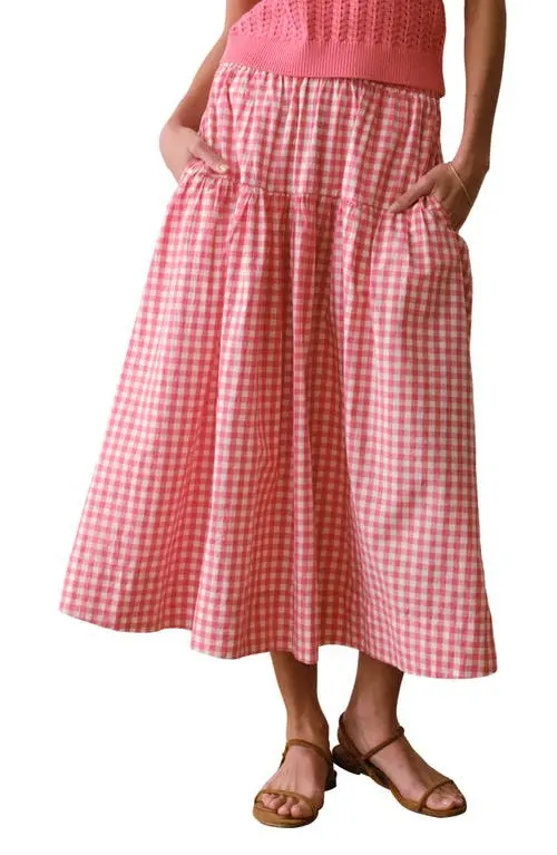 Marine Layer Gia Poplin Tiered Maxi Skirt - Cherry Gingham