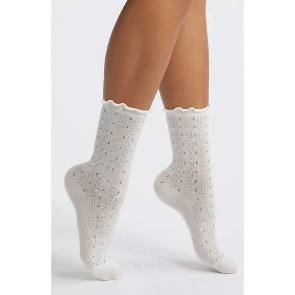 CASA CLARA Margot Floral Pointelle Crew Socks - White