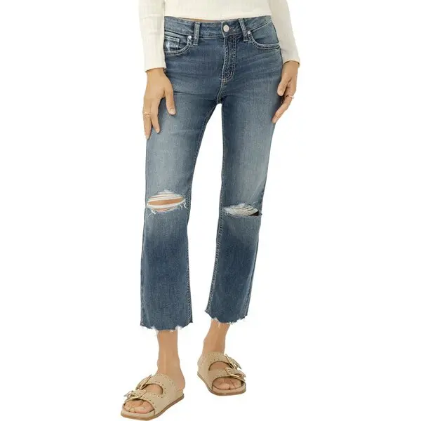 SILVER JEANS CO. Avery Curvy Distressed Crop Straight Leg Jeans