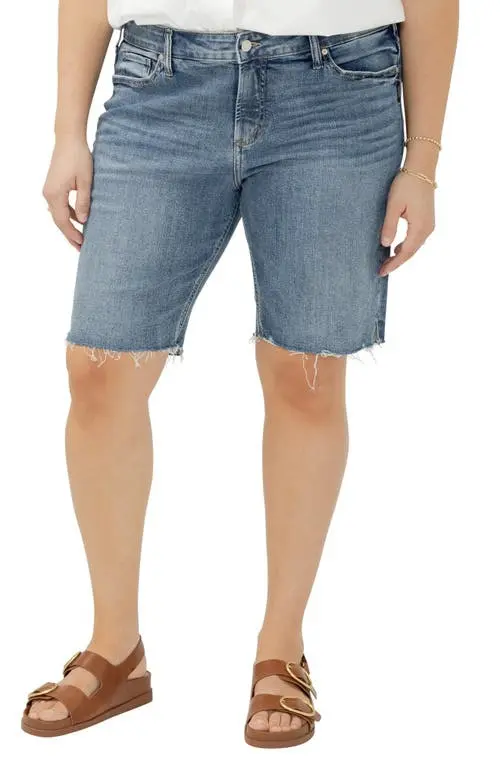 SILVER JEANS CO. Elyse Curvy Raw Hem Mid Rise Denim Bermuda Shorts - Sunset Blue