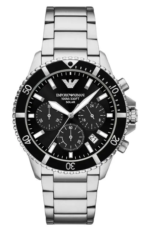 Emporio Armani World Explorer Solar Chronograph Bracelet Watch - Silver/black Dial
