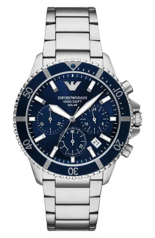 Emporio Armani World Explorer Solar Chronograph Bracelet Watch - Silver/blue Dial