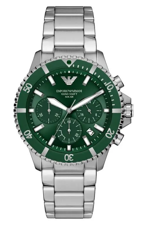 Emporio Armani World Explorer Solar Chronograph Bracelet Watch - Silver/green Dial
