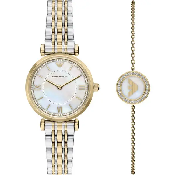 Emporio Armani Mother-of-pearl Two-tone Watch And Bracelet Set - Silver