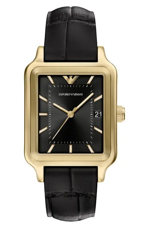Emporio Armani Tank Leather Strap Watch - Black