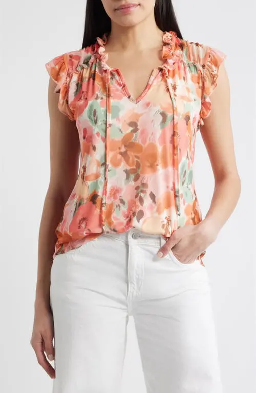 Loveappella Floral Ruffle Trim Split Neck Top - Blush
