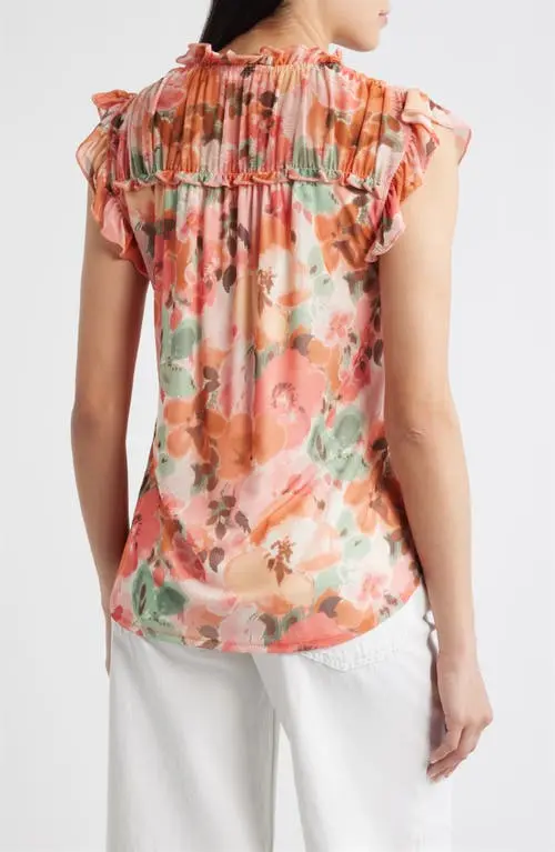 Loveappella Floral Ruffle Trim Split Neck Top - Blush