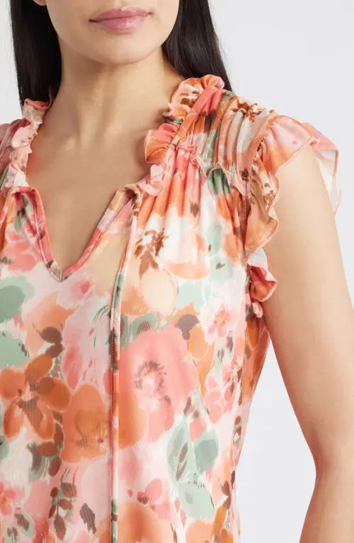 Loveappella Floral Ruffle Trim Split Neck Top - Blush