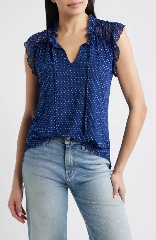 Loveappella Polka Dot Ruffle Trim Split Neck Top - Navy