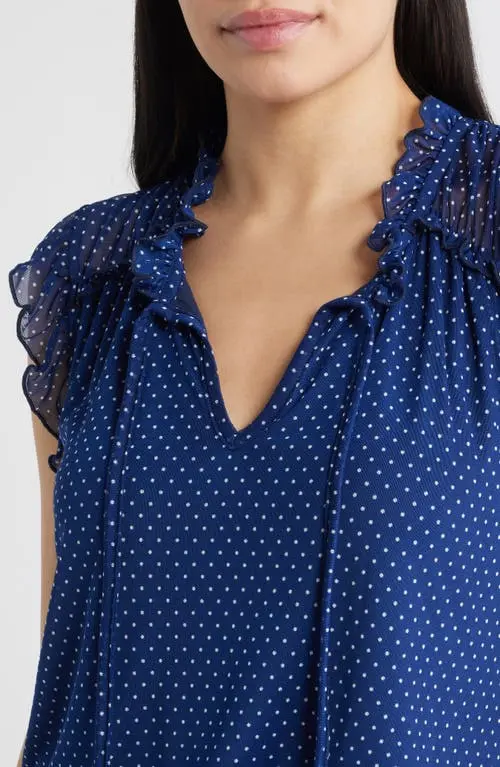 Loveappella Polka Dot Ruffle Trim Split Neck Top - Navy