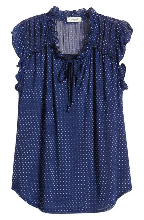 Loveappella Polka Dot Ruffle Trim Split Neck Top - Navy
