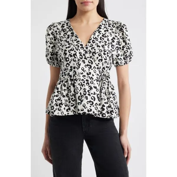 Loveappella Animal Print Wrap Top - Beige/black