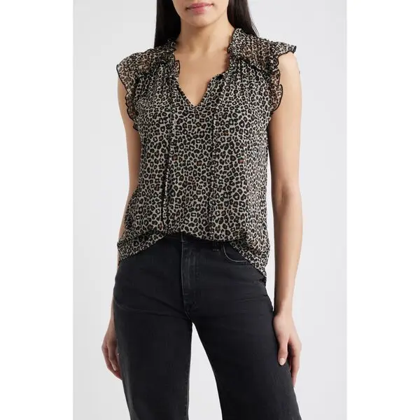 Loveappella Animal Print Ruffle Trim Split Neck Top - Taupe