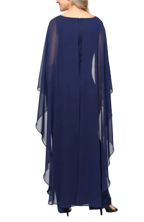 Alex Evenings Stretch Crepe & Chiffon Cape Gown