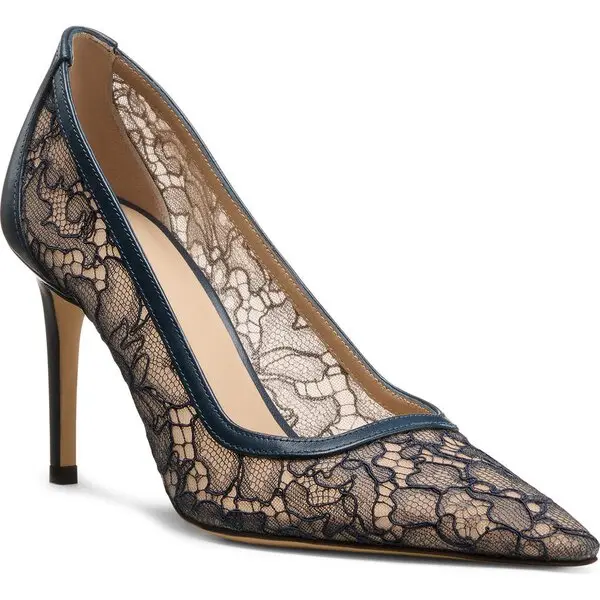 STUART WEITZMAN Power 85 Lace Pointed Toe Pump - Deep Sea Blue/beige