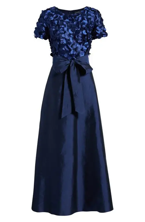 Pisarro Nights 3d Beaded Paillette Bodice Taffeta Gown - Navy