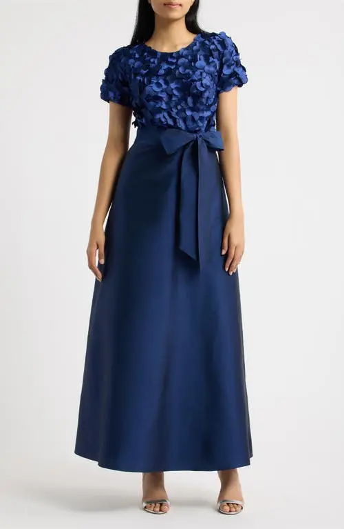 Pisarro Nights 3d Beaded Paillette Bodice Taffeta Gown - Navy