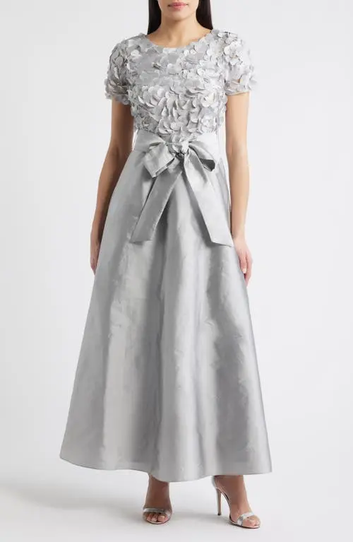 Pisarro Nights 3d Beaded Paillette Bodice Taffeta Gown - Silver