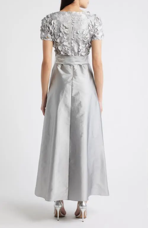 Pisarro Nights 3d Beaded Paillette Bodice Taffeta Gown - Silver